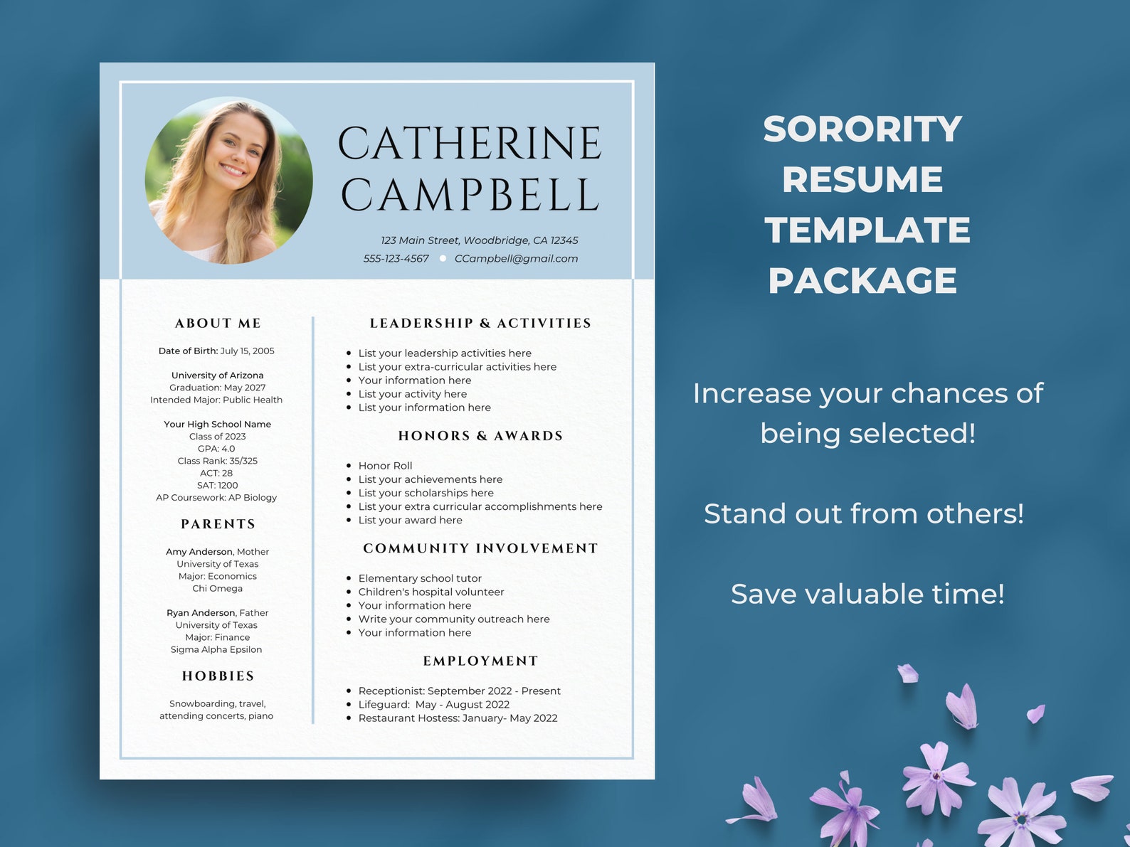 Sorority Resume Template With Photo, Editable Blue Rush Resume Template ...