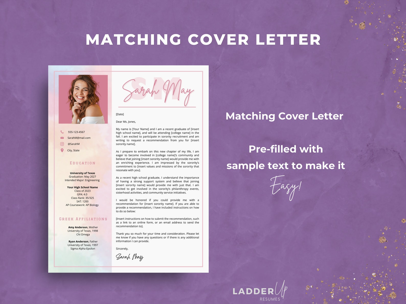 Sorority Resume Template | Pink Rush Recruitment Resume Template With ...