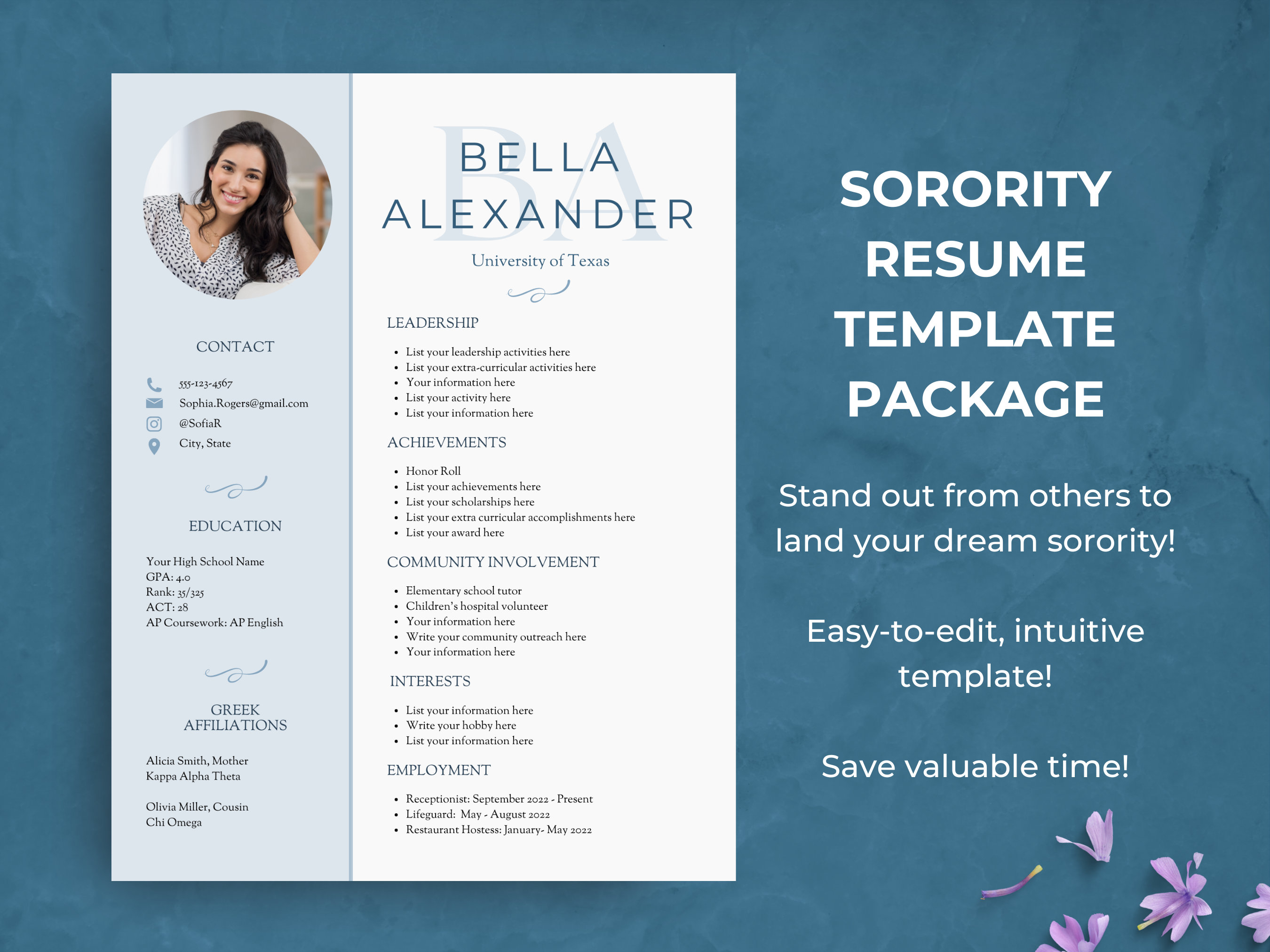 Sorority Resume Template Light Blue Rush Resume Template for Sorority ...