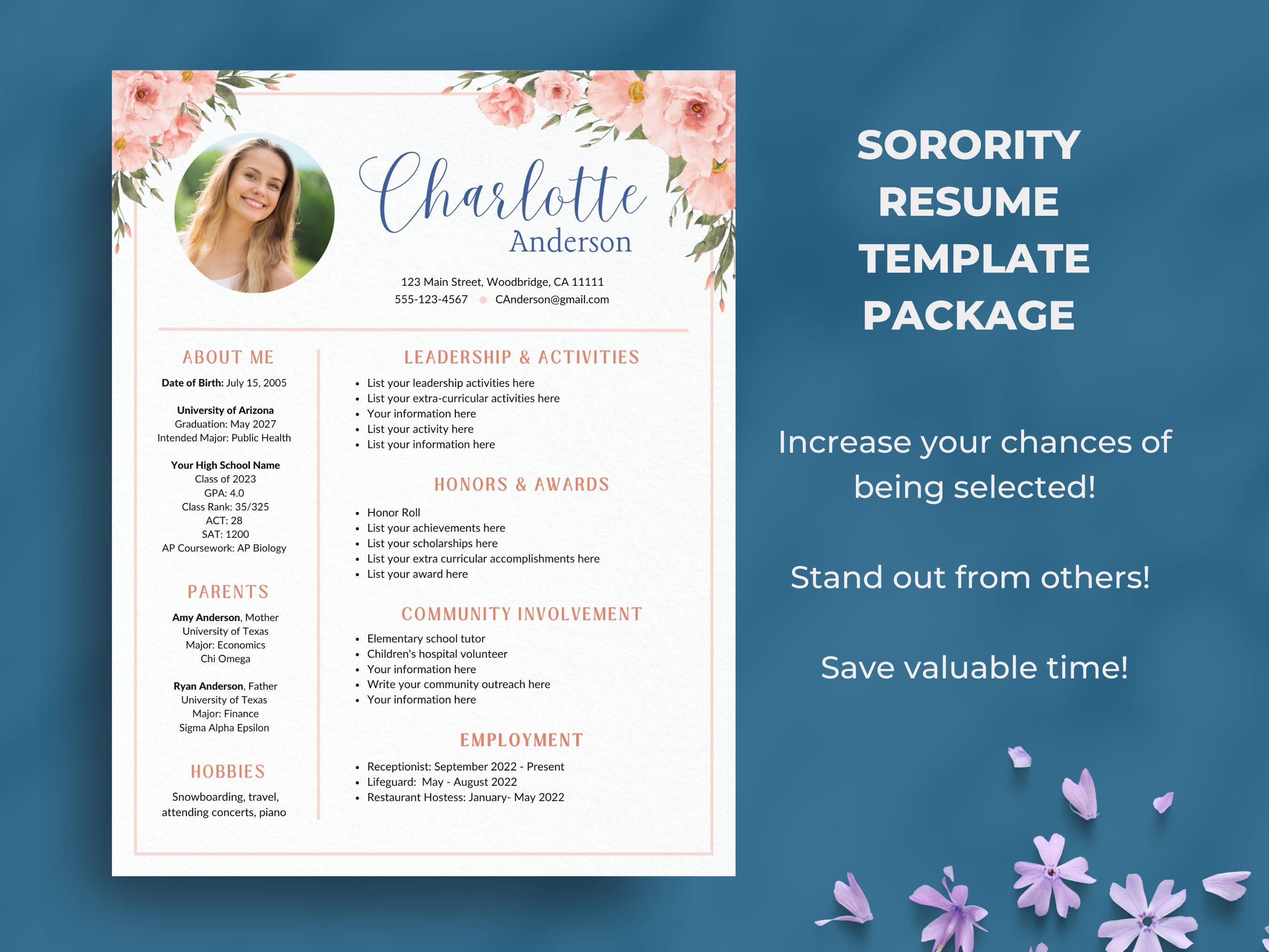 Sorority Resume Template Recruitment Rush Resume Template With Photo ...