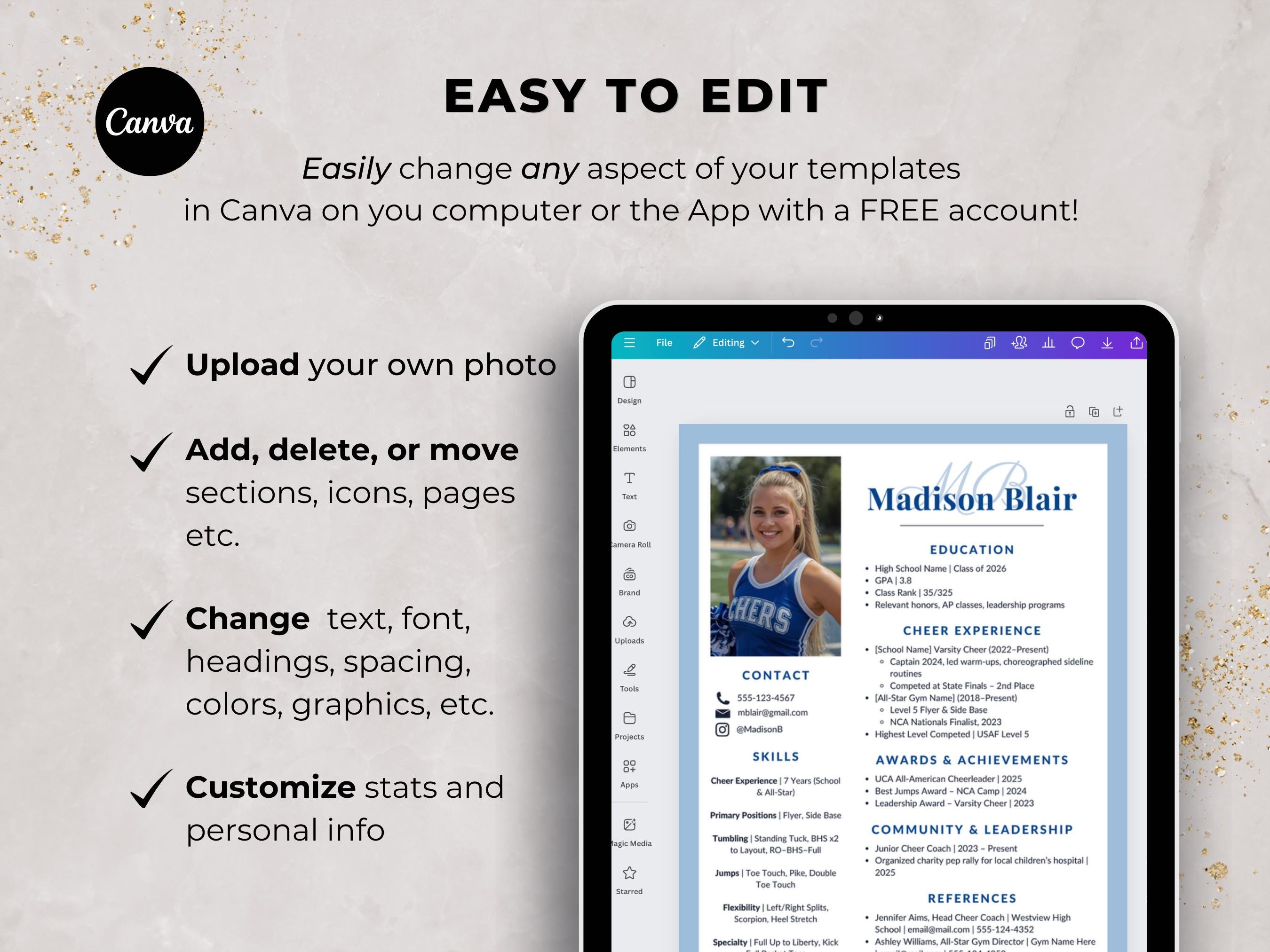 Cheerleading Resume Template | College Cheer Recruiting Profile (edit ...