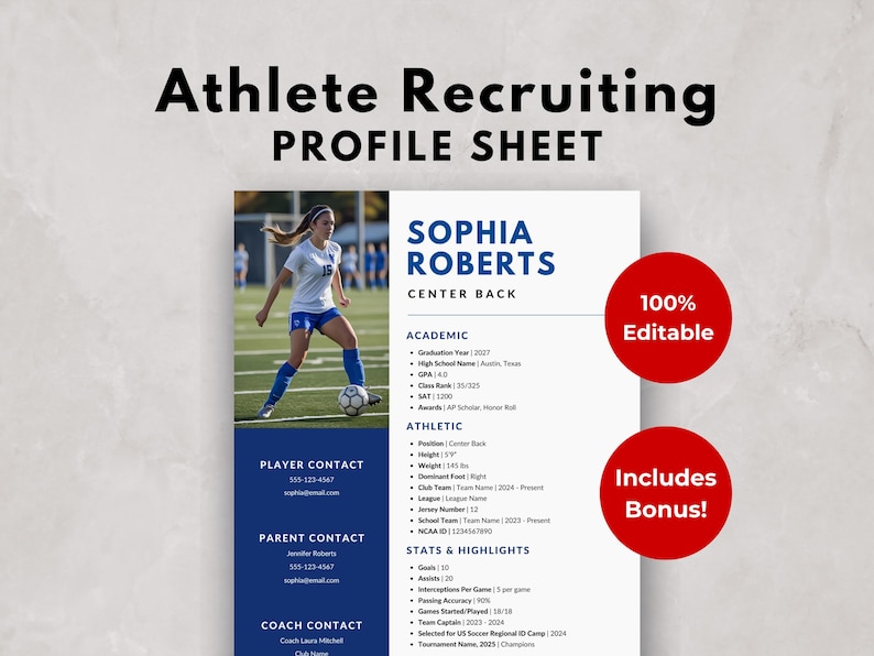 Athlete Resume Profile Sheet Template for College Recruiting | Athletic ...