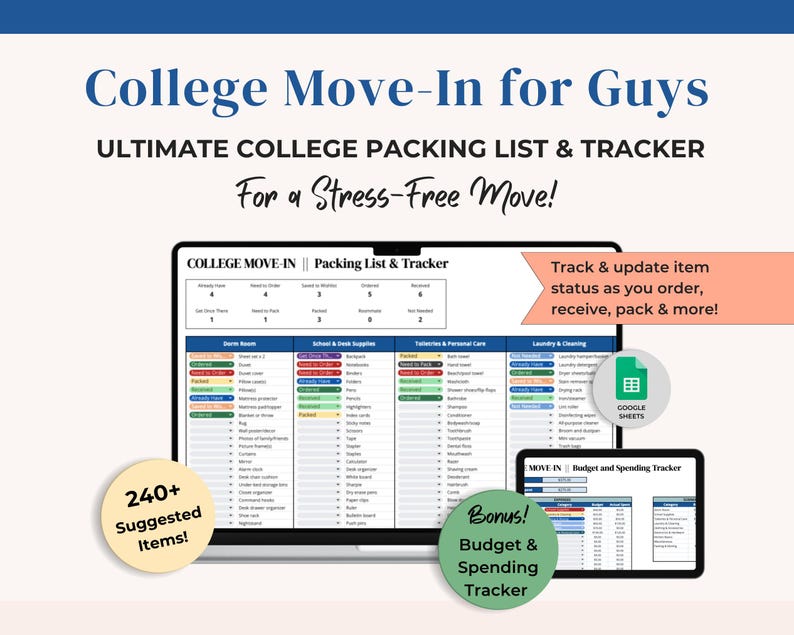 Editable College Packing List for Guys | Dorm Room Essentials Checklist for Him | Moving Status ...