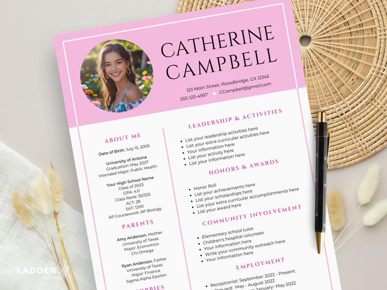 Pink Sorority Resume Template With Photo, Editable Rush Resume Template ...