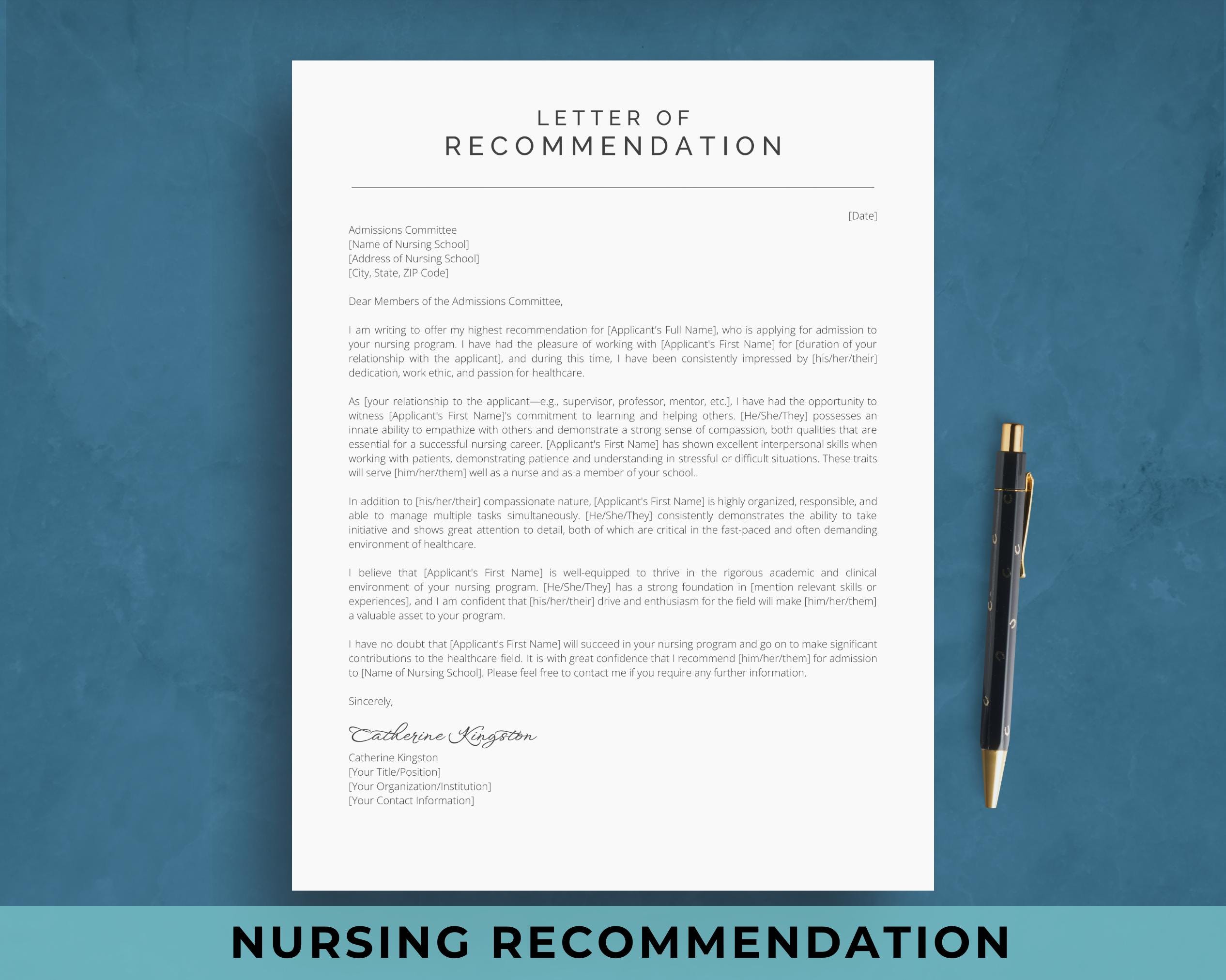 Nursing School Recommendation Letter Template | Nurse Letter of Recommendation | Professional ...