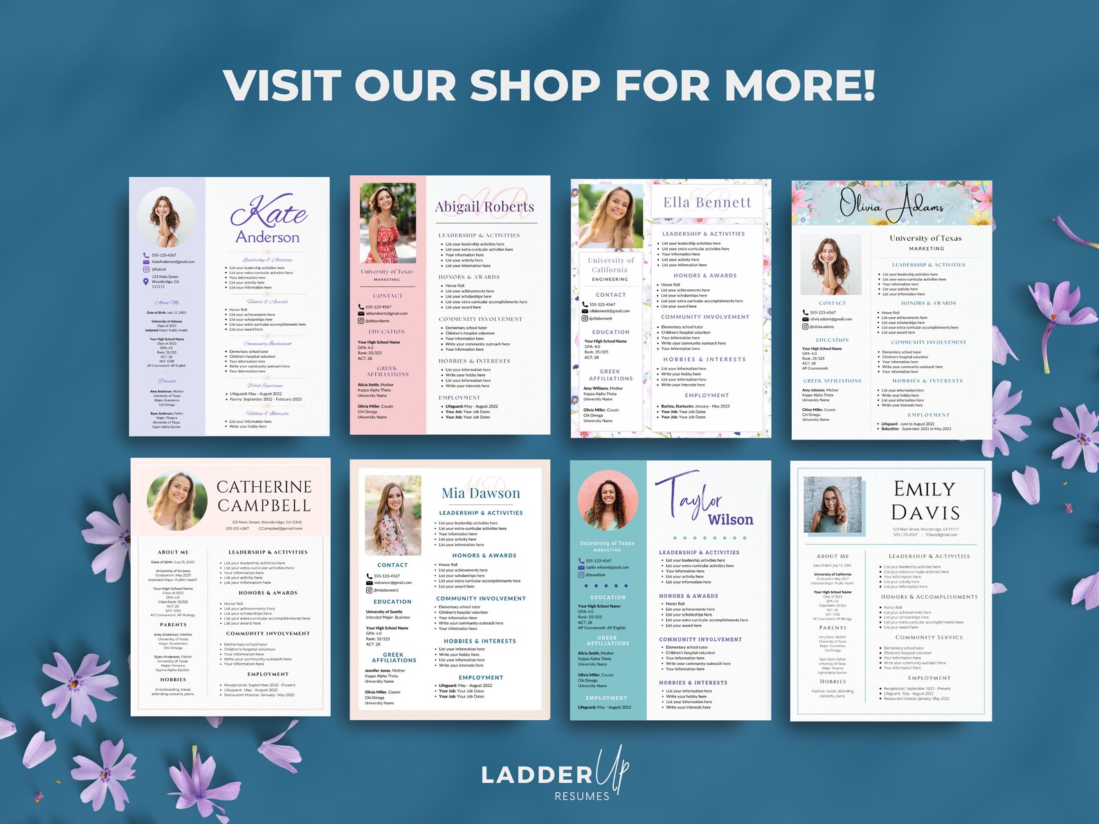 Sorority Resume Template With Photo Editable Blue Rush Resume - Etsy