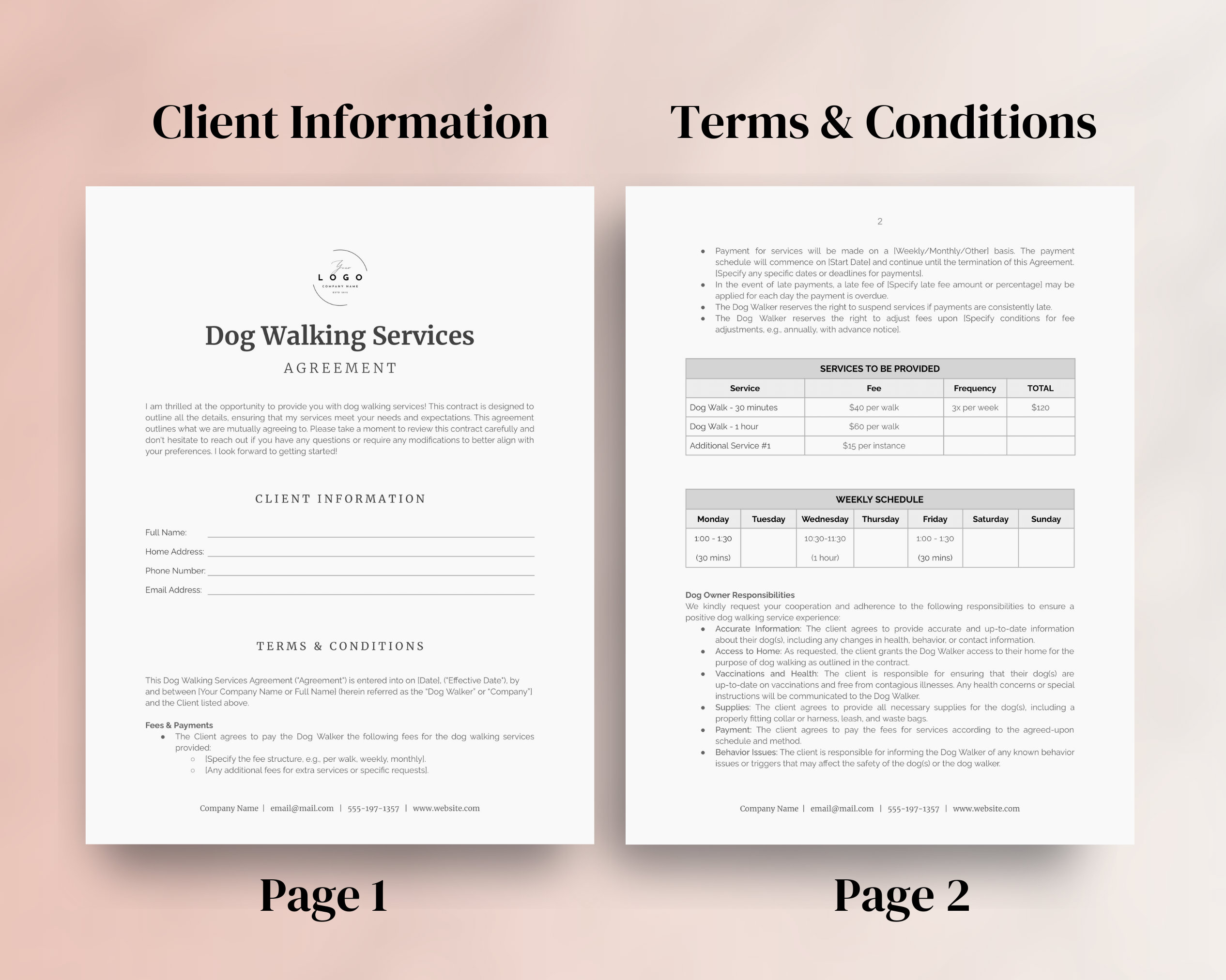 Dog Walking Services Contract Template Editable Printable Dog Walking ...