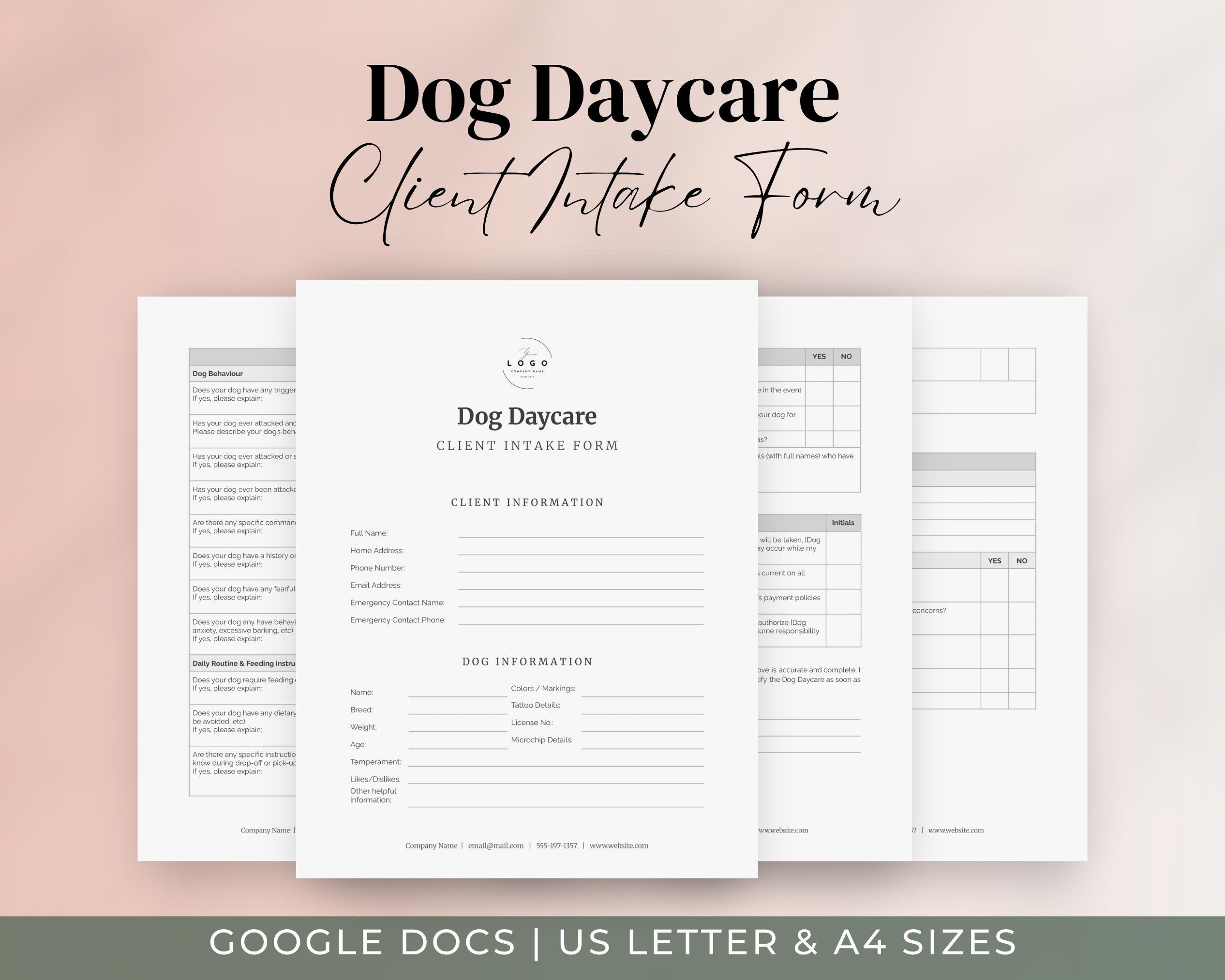Dog Daycare New Client Intake Form Template | Editable Doggy Day Care ...