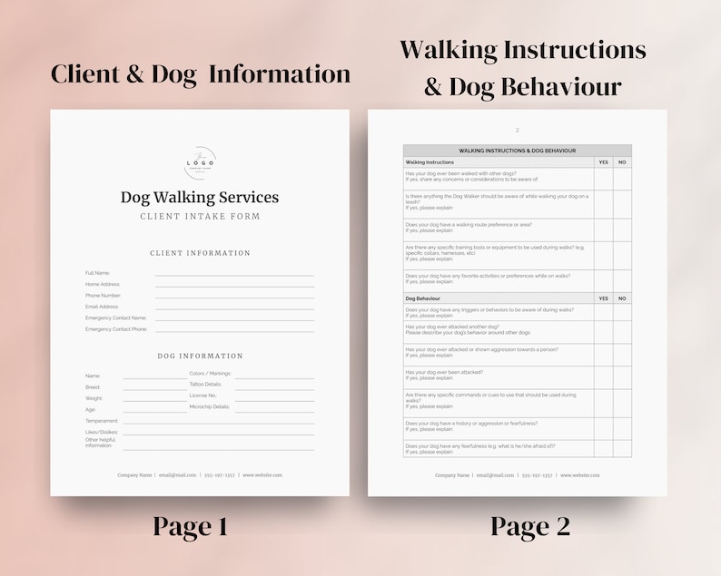 Dog Walking Services New Client Intake Form Template | Editable + Printable Dog Walking Business ...