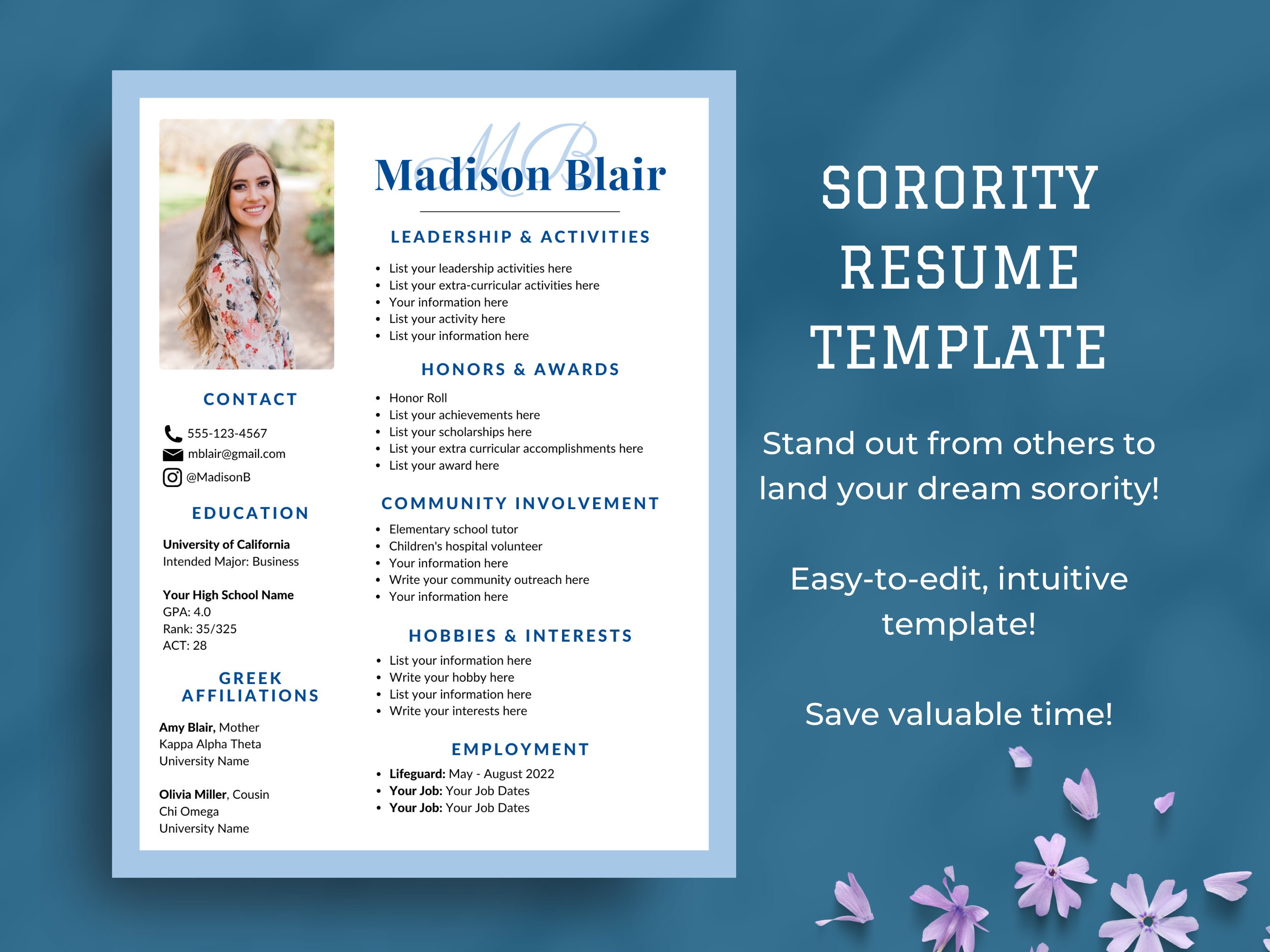 Blue Sorority Packet | Editable Sorority Resume Template With Photo ...
