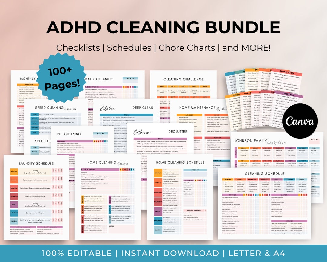 Editable ADHD Cleaning Checklist Bundle | Cleaning Schedule Templates ...