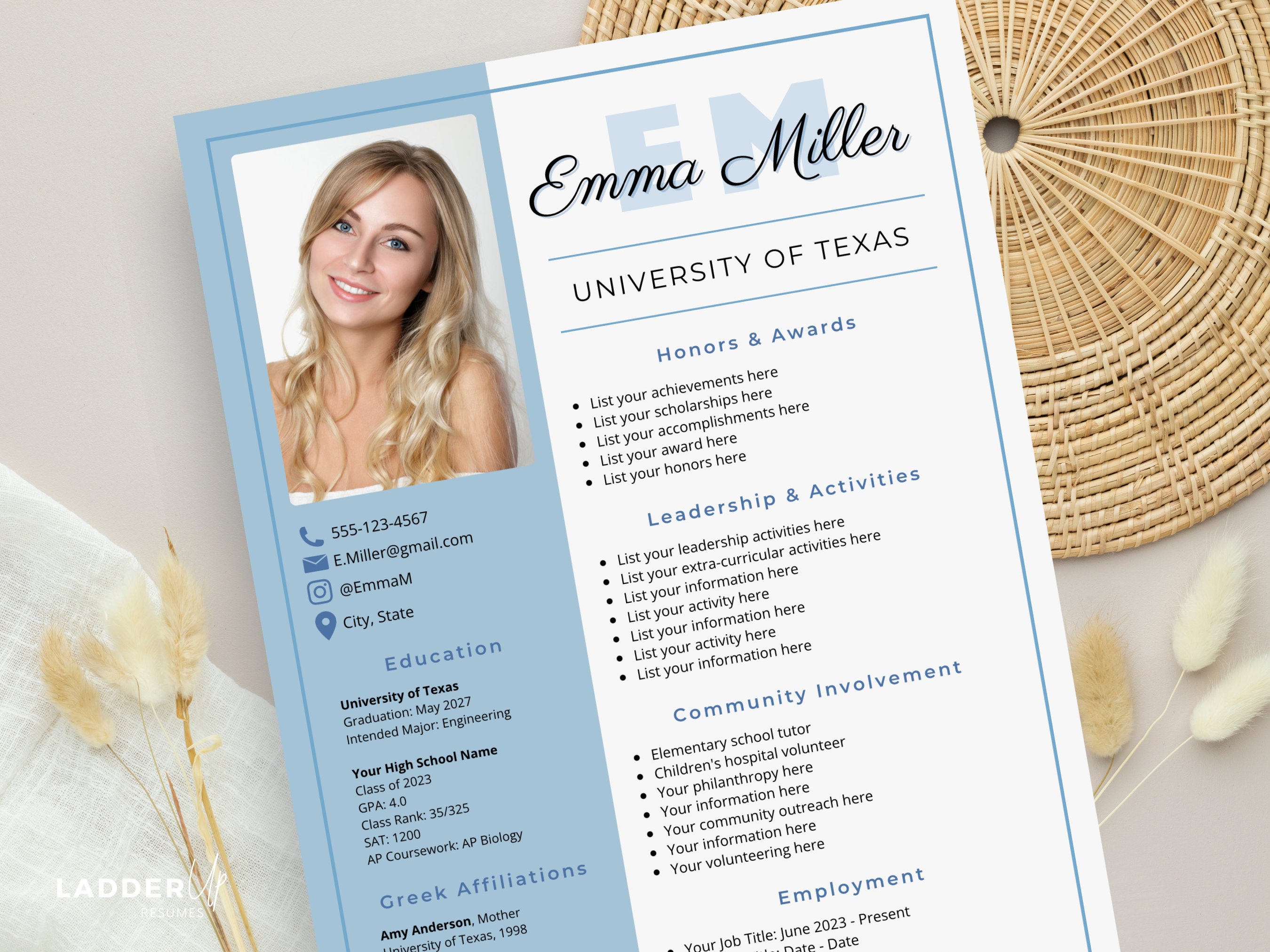 Sorority Resume Template, Blue Rush Resume Template With Photo and Cover Letter, Sorority ...
