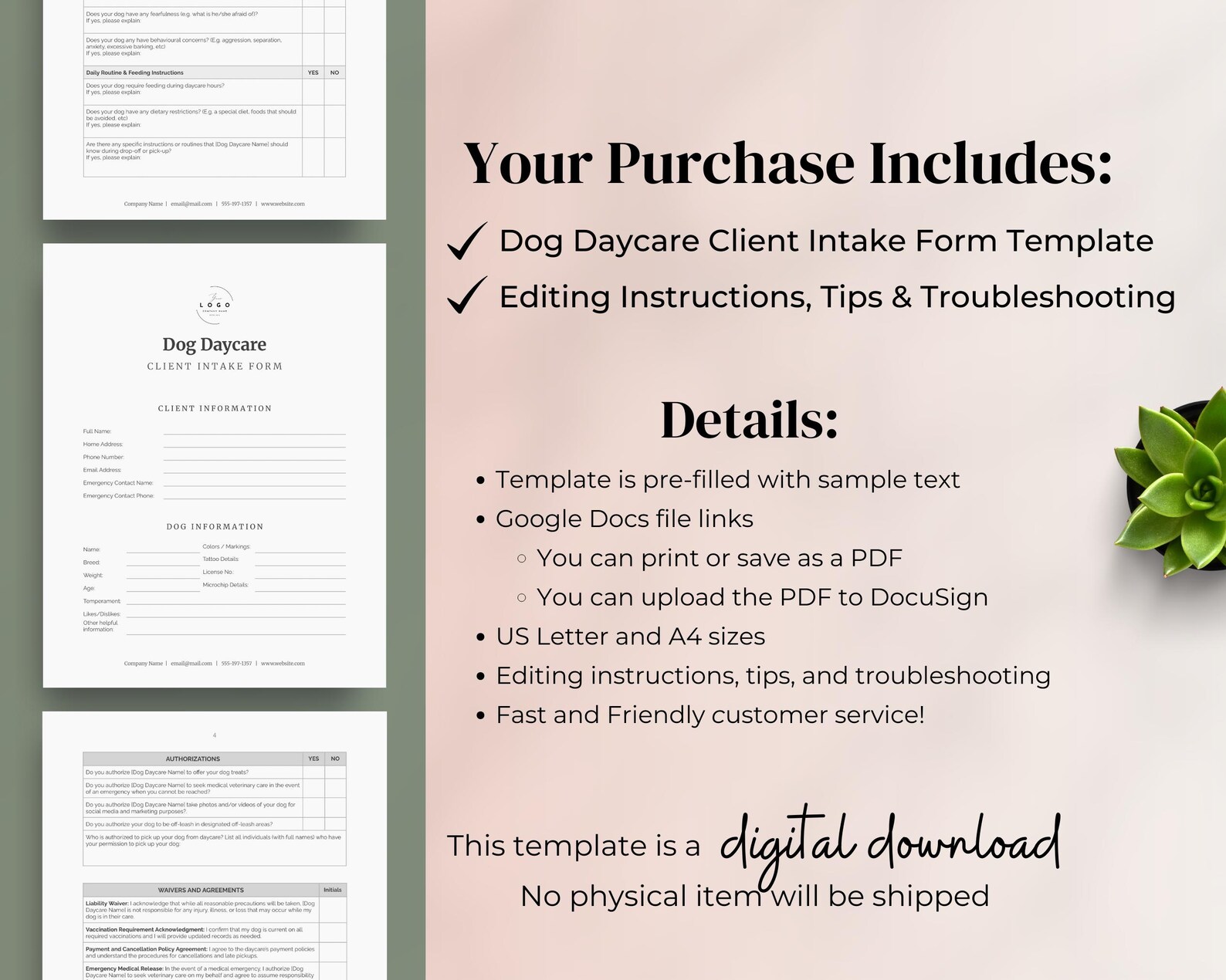 Dog Daycare New Client Intake Form Template | Editable Doggy Day Care ...