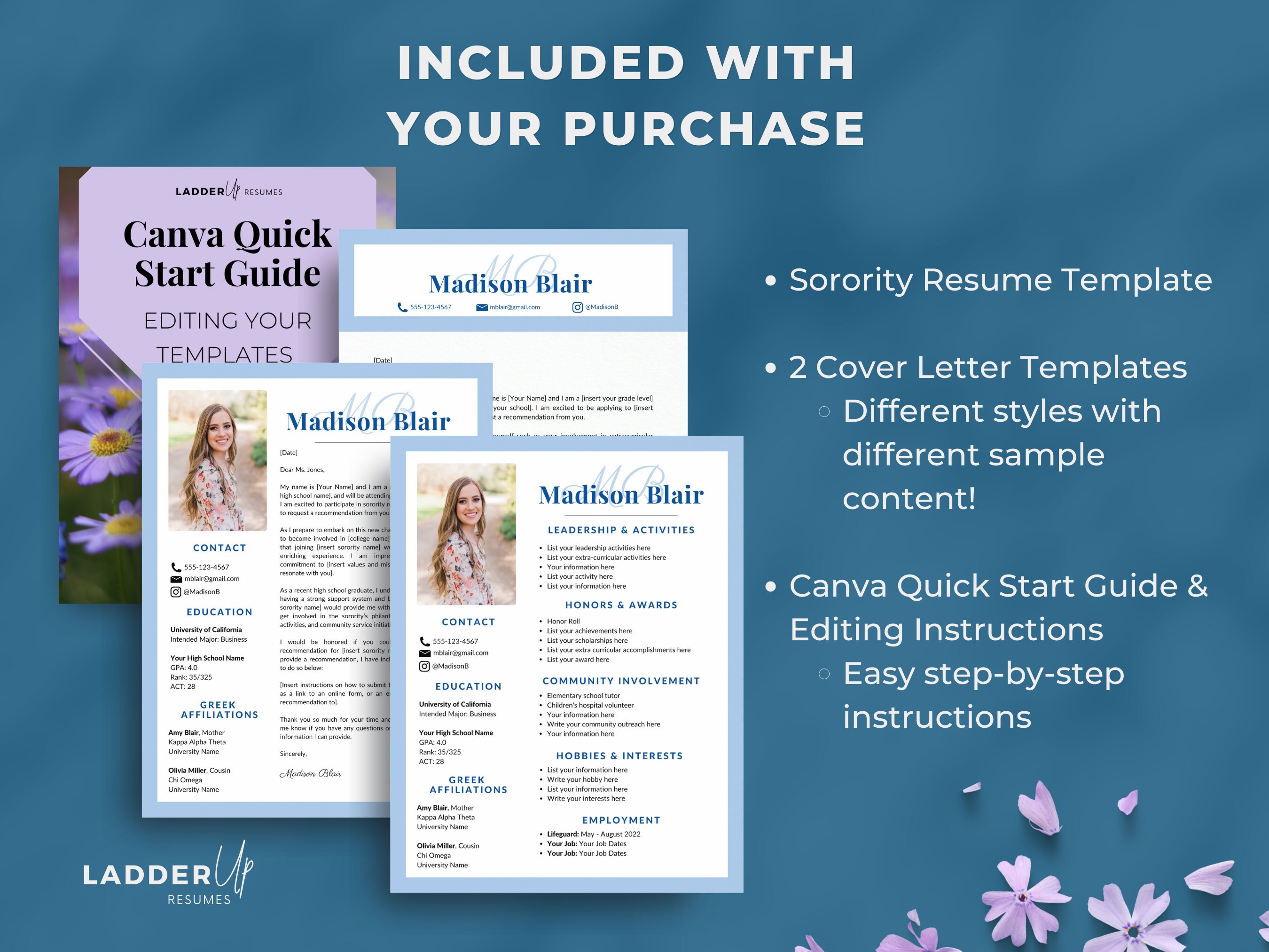 Blue Monogram Sorority Resume Template With Photo, Editable Rush Resume ...