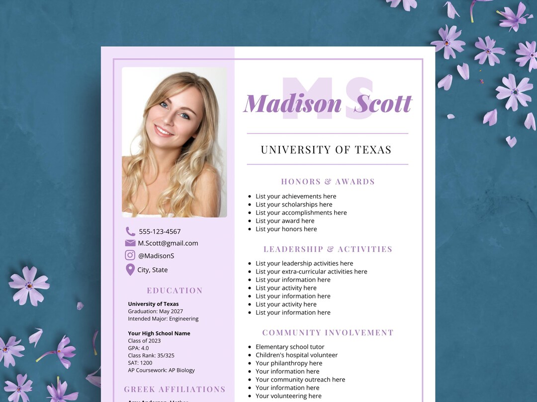Lilac Sorority Resume Template, Purple Rush Resume Template With Photo, Sorority Rush Packet ...