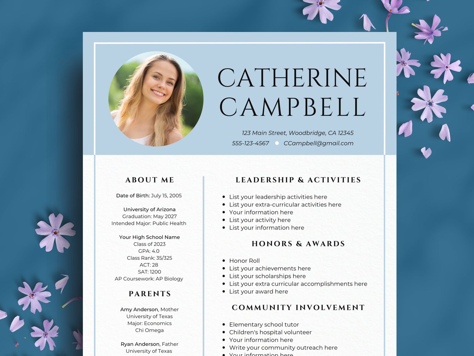 Sorority Resume Template With Photo, Editable Blue Rush Resume Template ...