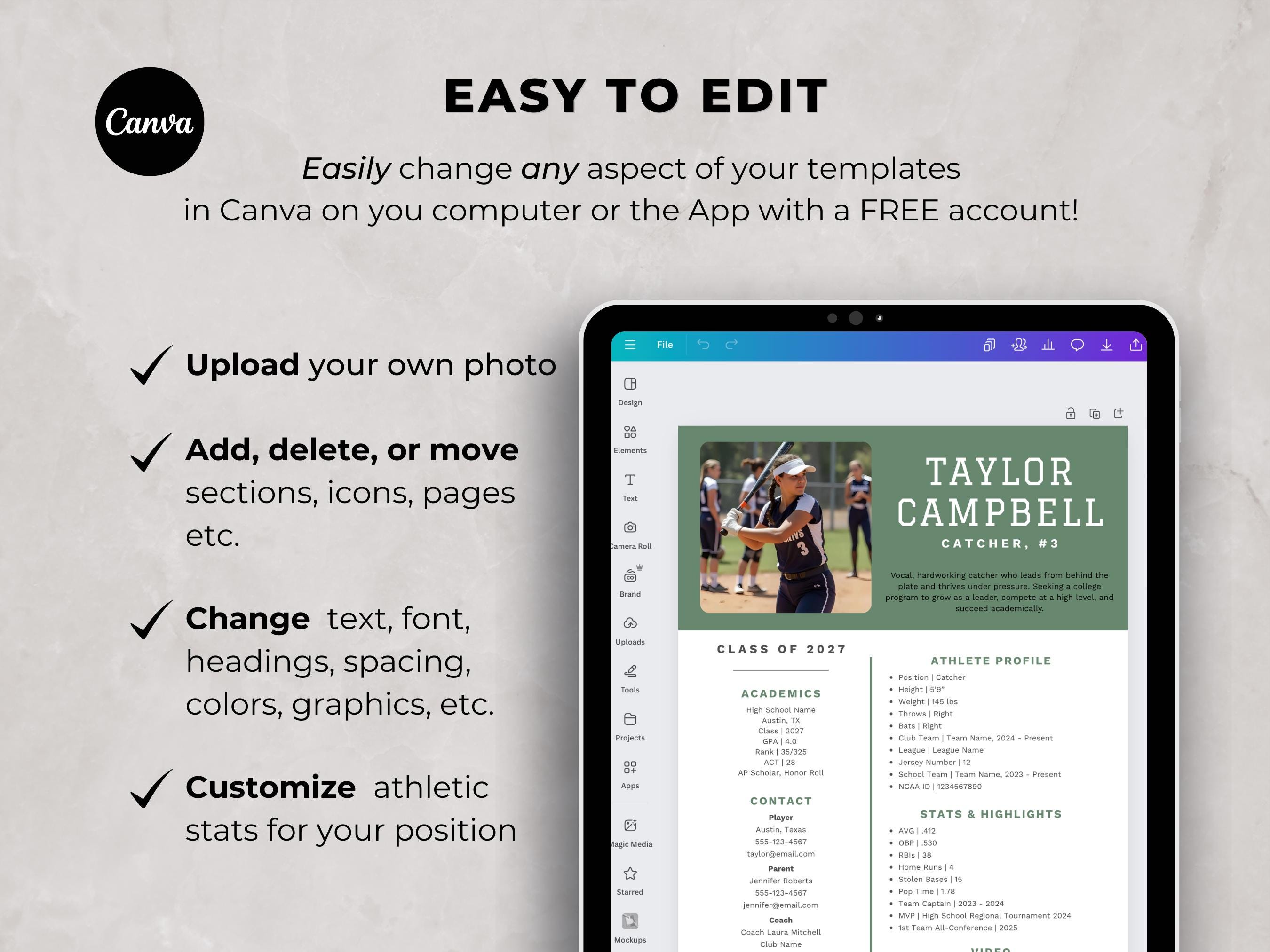 Softball Baseball Resume Template for College Recruiting | Sports ...