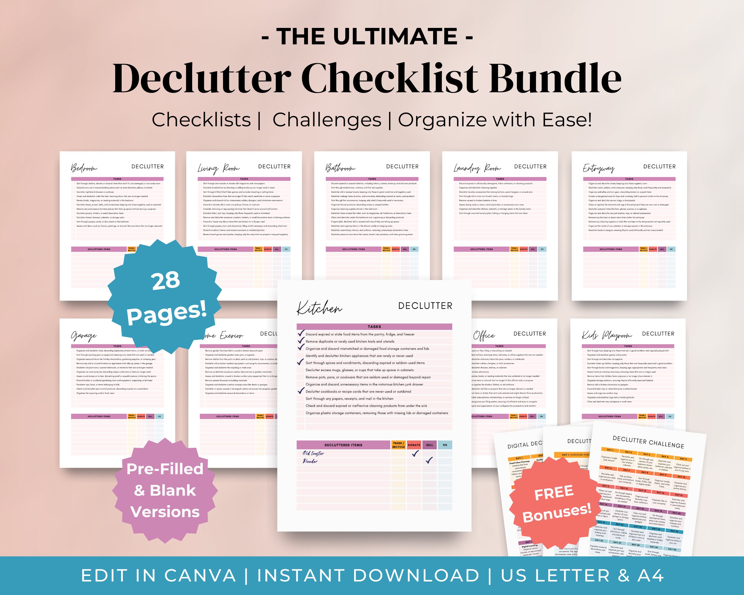 Declutter Checklist Planner Bundle | Declutter Challenges, Digital ...