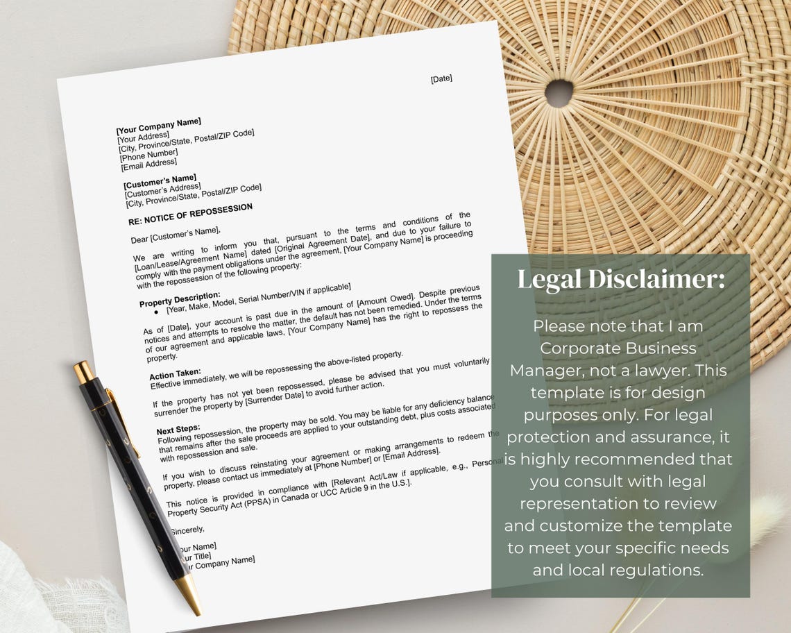 Repossession Letter Template | Editable Repossession Notice Form ...