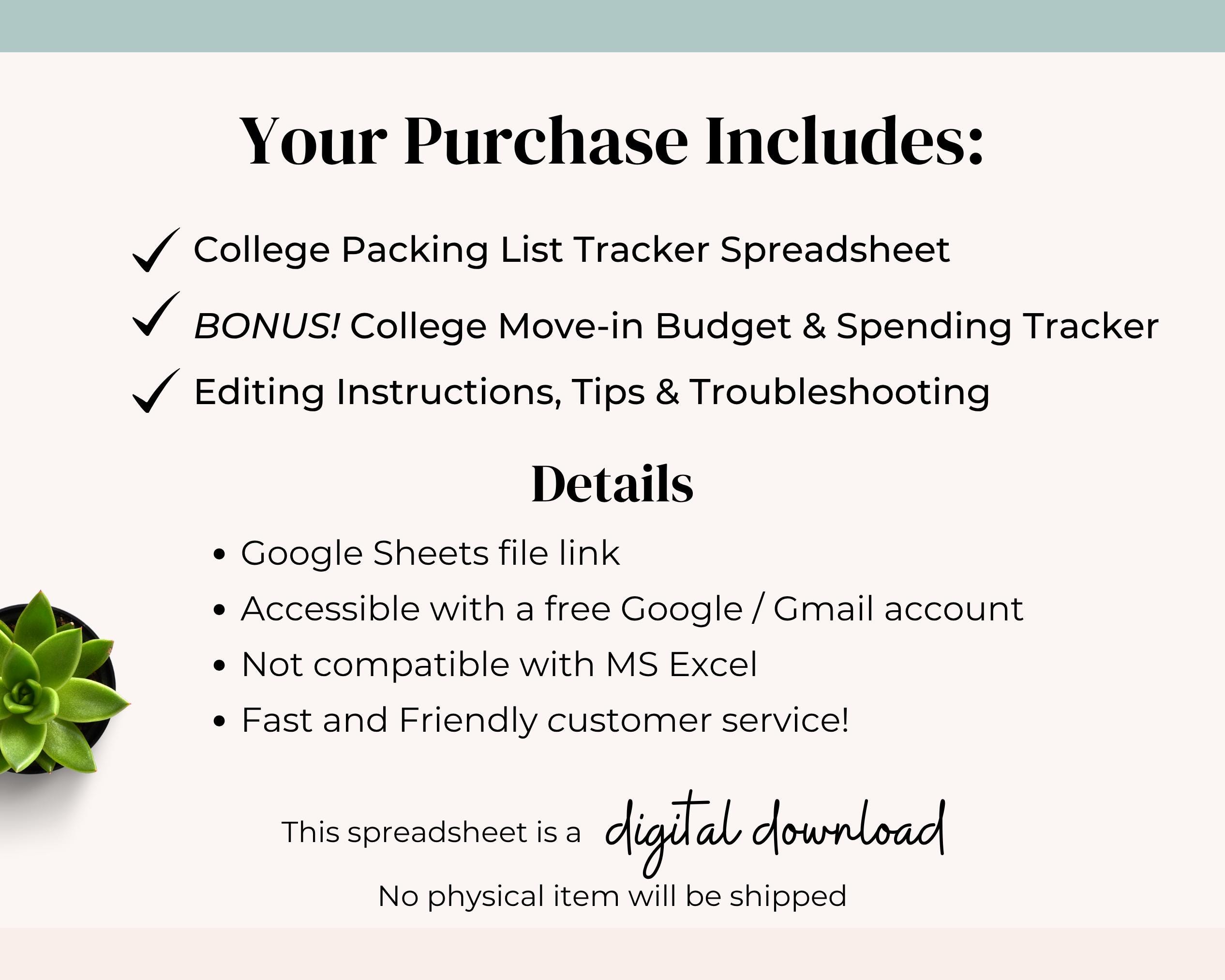 Editable College Packing List Item Status Tracker | Dorm Room ...