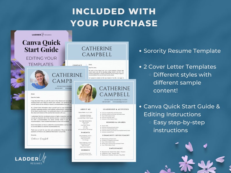 Sorority Resume Template With Photo, Editable Blue Rush Resume Template ...