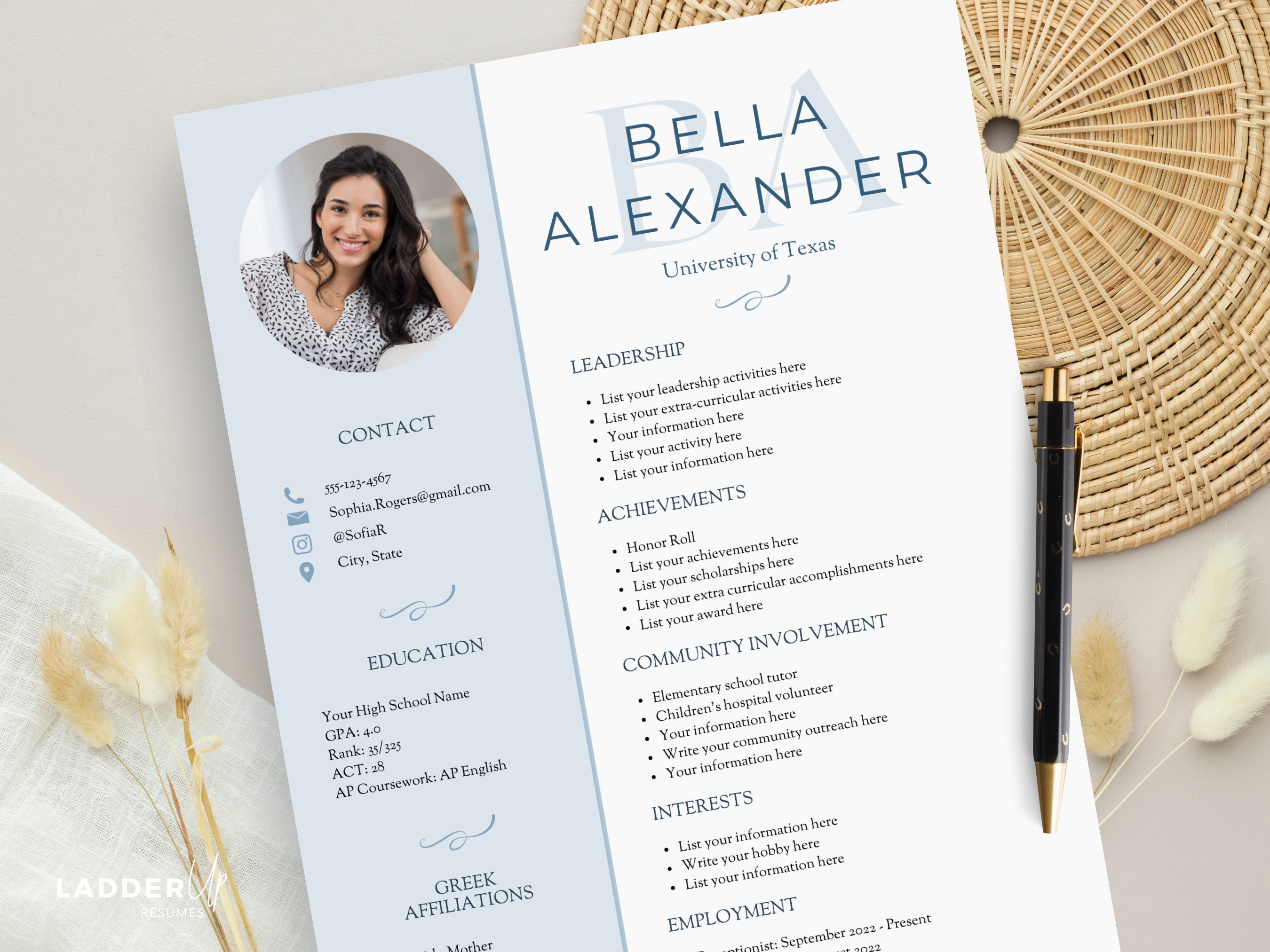 Sorority Resume Template | Light Blue Rush Resume Template for Sorority ...
