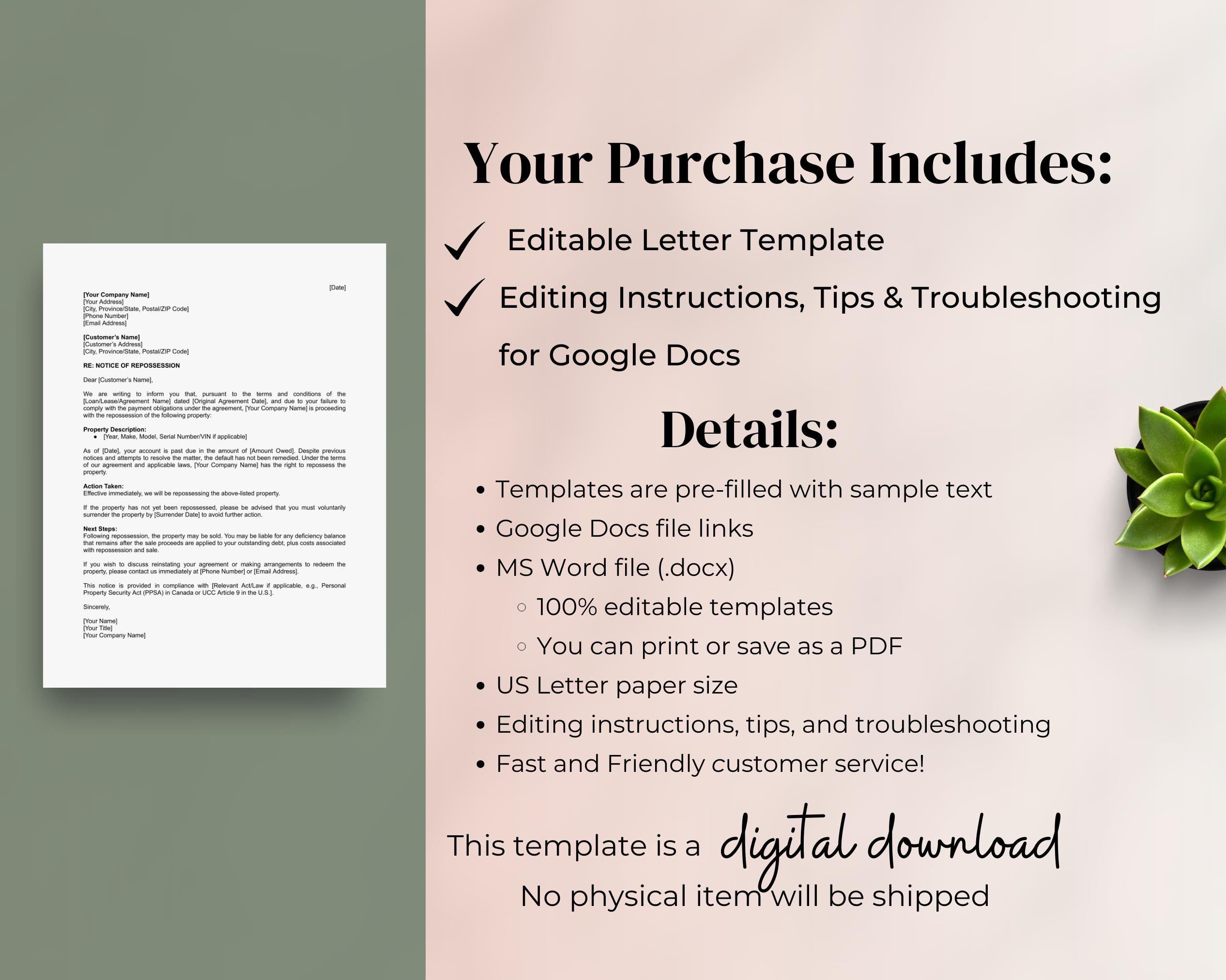 Repossession Letter Template | Editable Repossession Notice Form ...