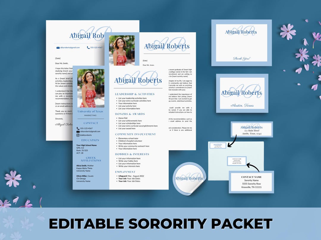 Sorority Packet Template | Editable Blue Sorority Resume With Photo ...