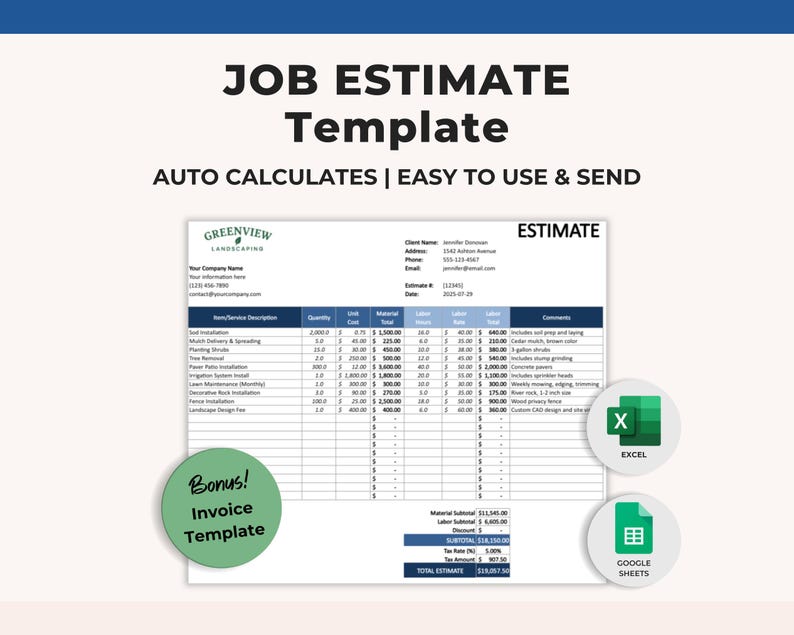 Job Estimate Template | Small Business Bid Proposal (excel & Google ...