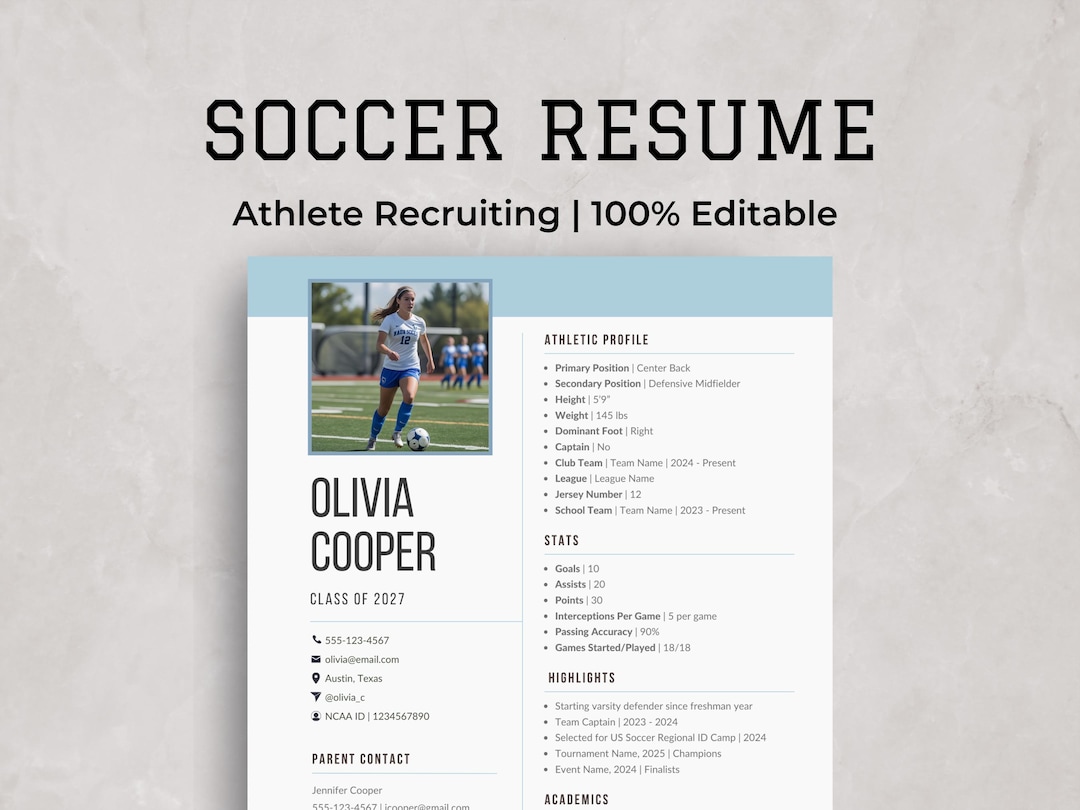 Soccer Resume Template for College Recruiting | Student Athlete Resume ...