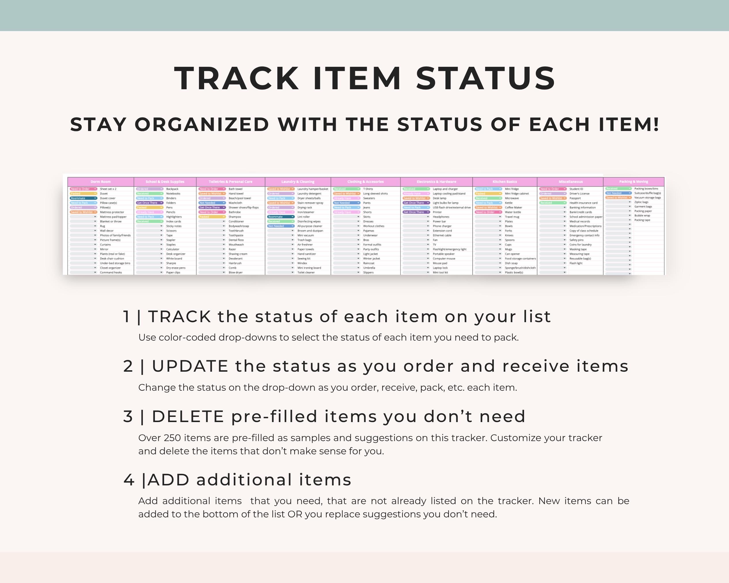 Editable College Packing List Item Status Tracker | Dorm Room ...