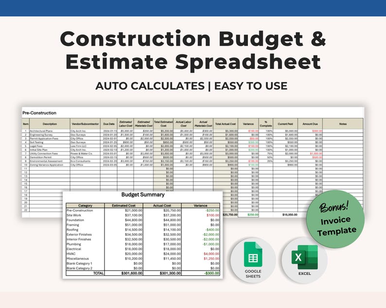 Construction Budget & Estimate Spreadsheet | Construction Bid Template ...