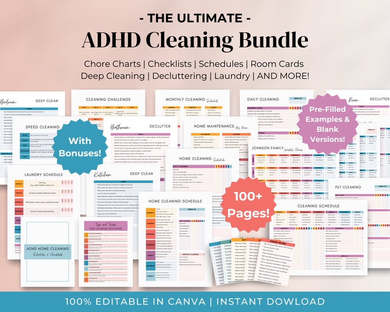 Editable ADHD Cleaning Checklist Bundle: Cleaning Schedule, Chore ...