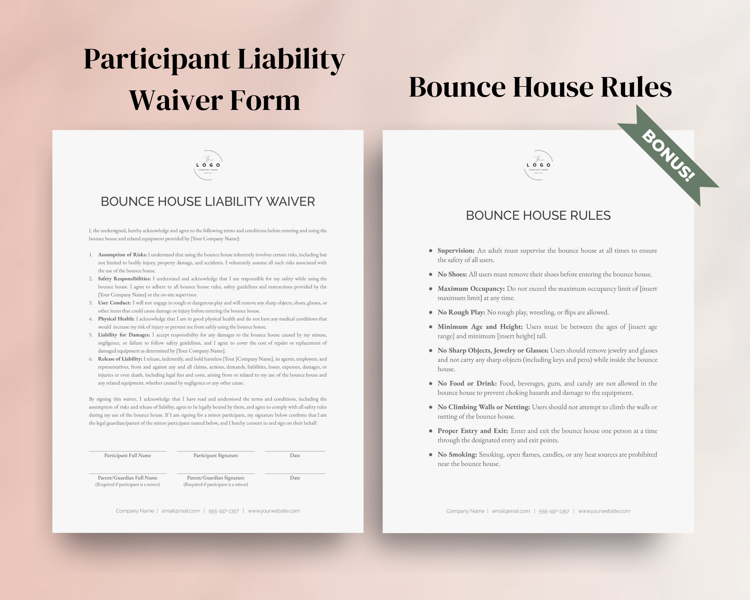 Bounce House Rental Contract Agreement Template & Liability Waiver Form ...