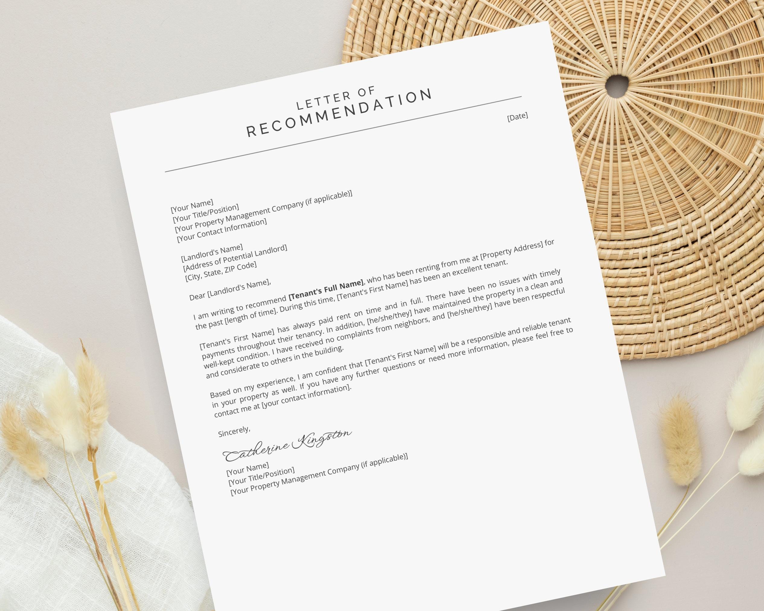 Tenant Reference Letter Template | Landlord Character Reference Letter ...