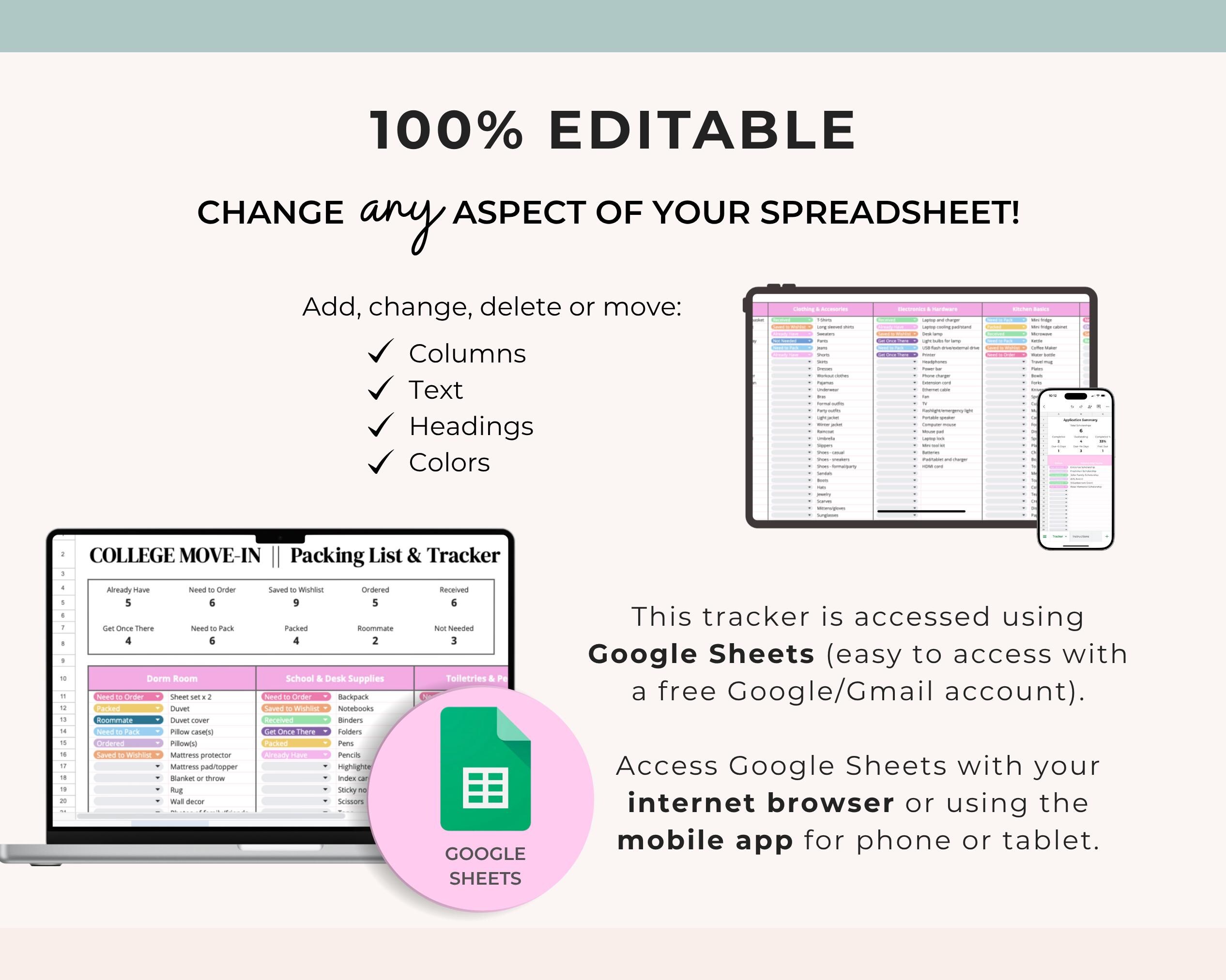 Editable College Packing List Item Status Tracker | Dorm Room ...