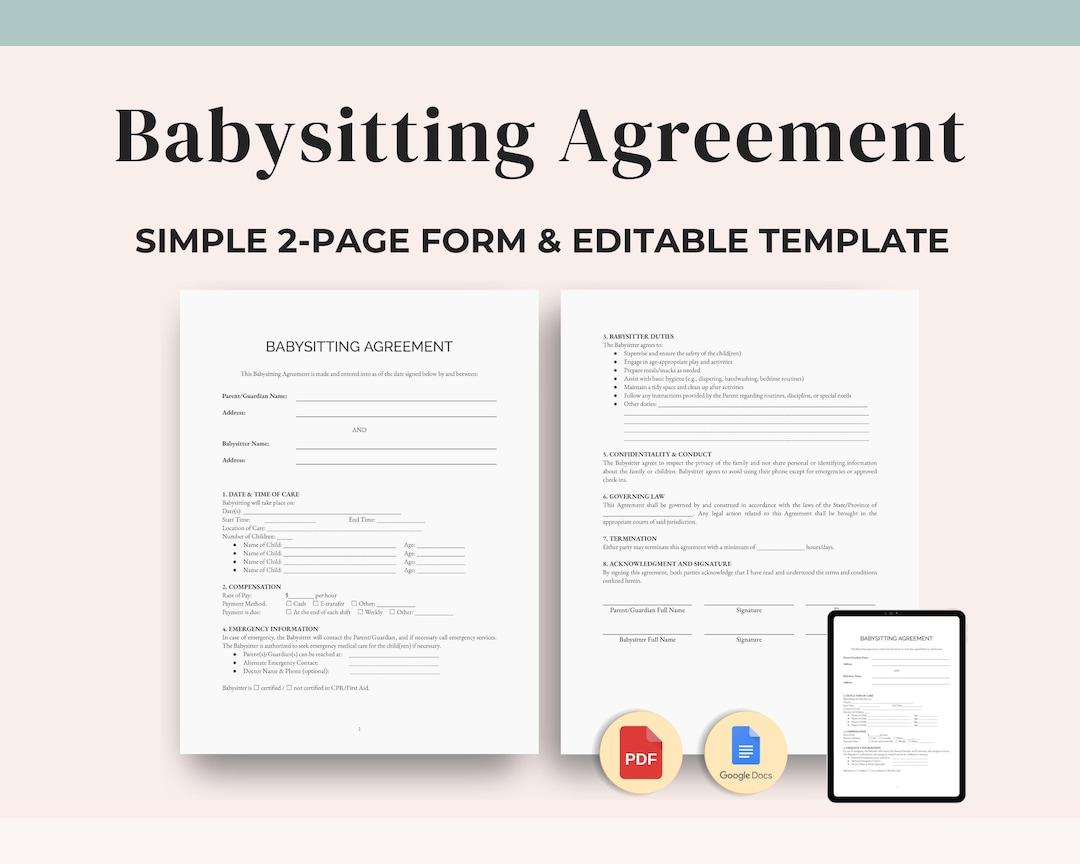 Simple Babysitting Agreement Form | Editable Babysitter Contract ...