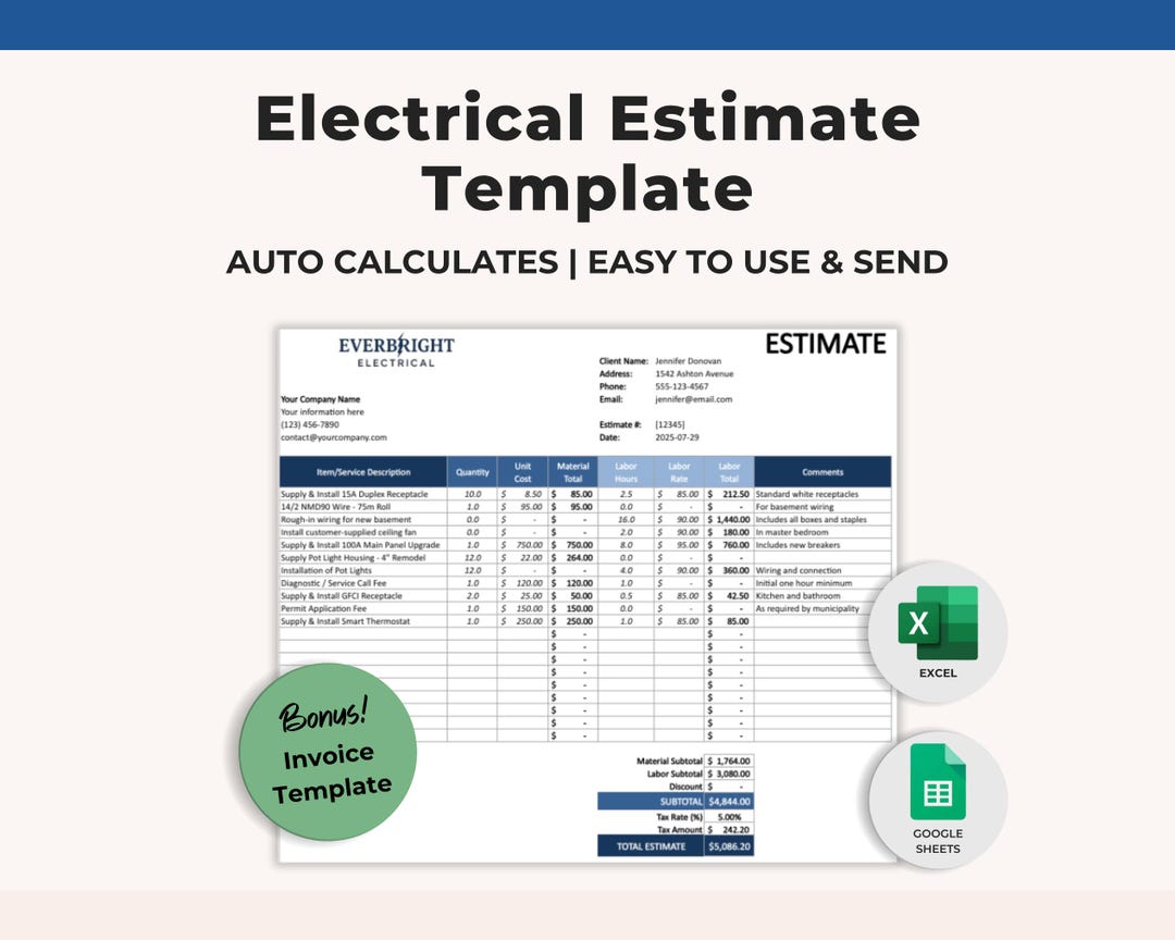 Electrical Estimate Proposal Template Spreadsheet | Electrician ...