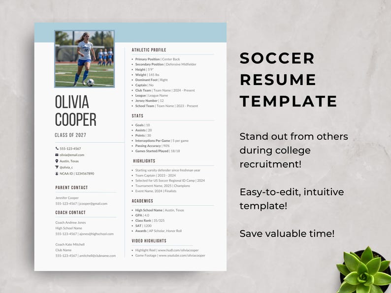 Soccer Resume Template for College Recruiting | Student Athlete Resume ...