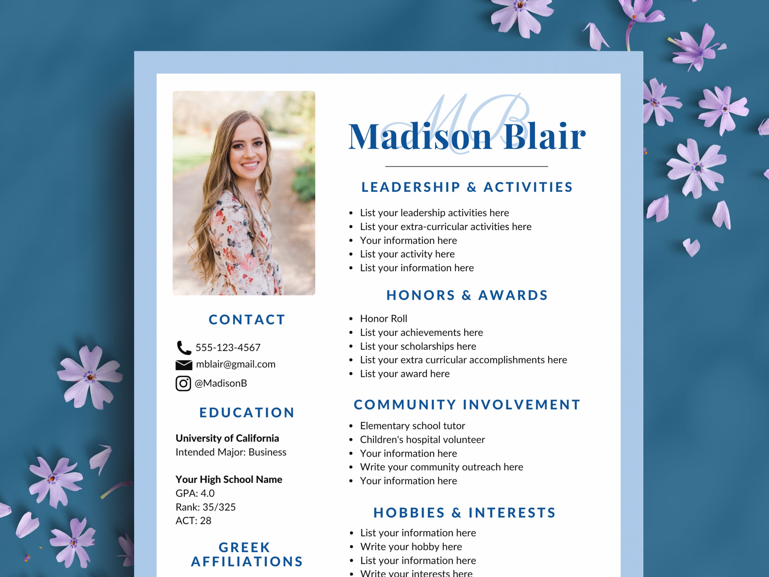 Blue Monogram Sorority Resume Template With Photo, Editable Rush Resume ...