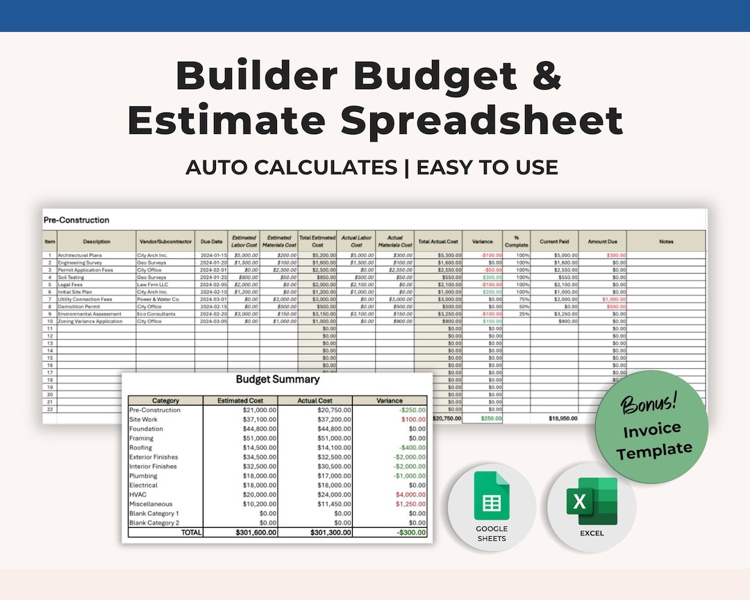 Building Budget, Bid & Estimate Spreadsheet Template | Home Builder ...
