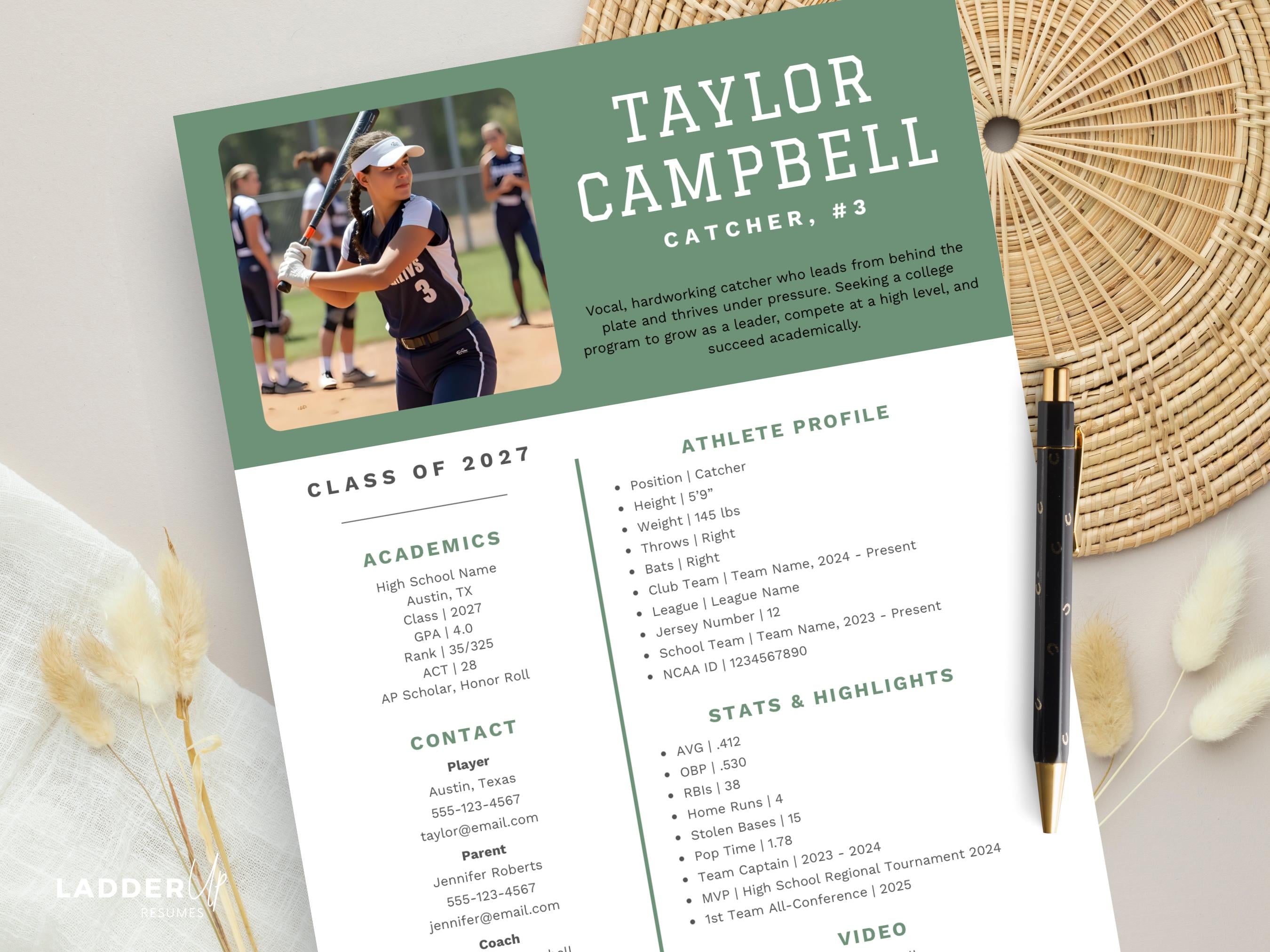 Softball Baseball Resume Template for College Recruiting | Sports ...