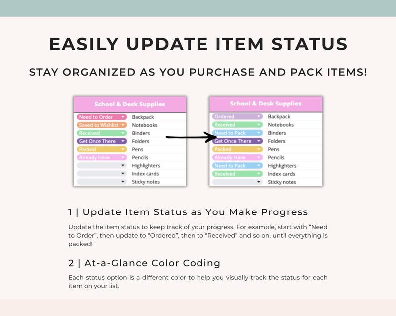 Editable College Packing List Item Status Tracker | Dorm Room ...