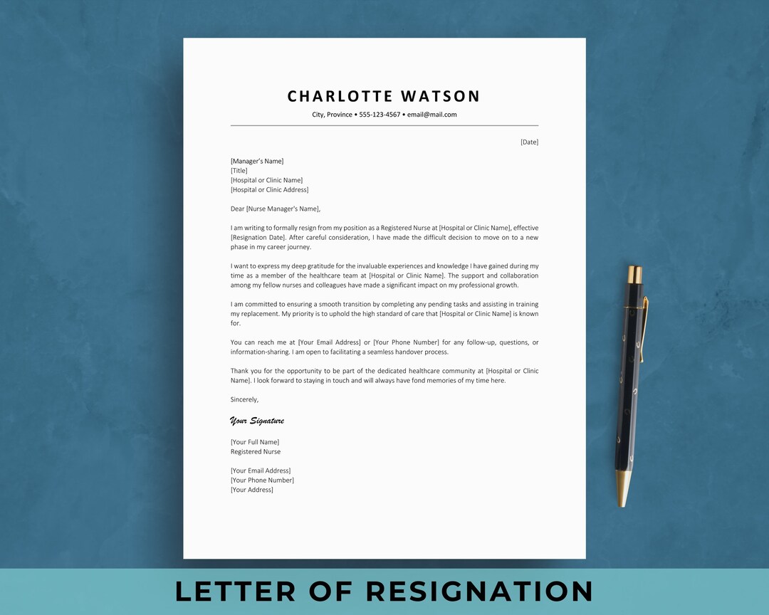Nurse Resignation Letter Template for Word & Google Docs, Professional ...