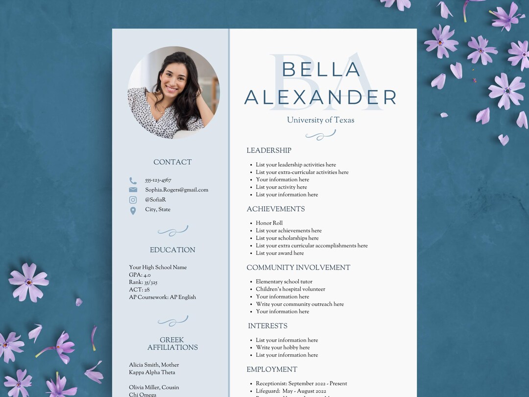 Sorority Resume Template | Light Blue Rush Resume Template for Sorority ...
