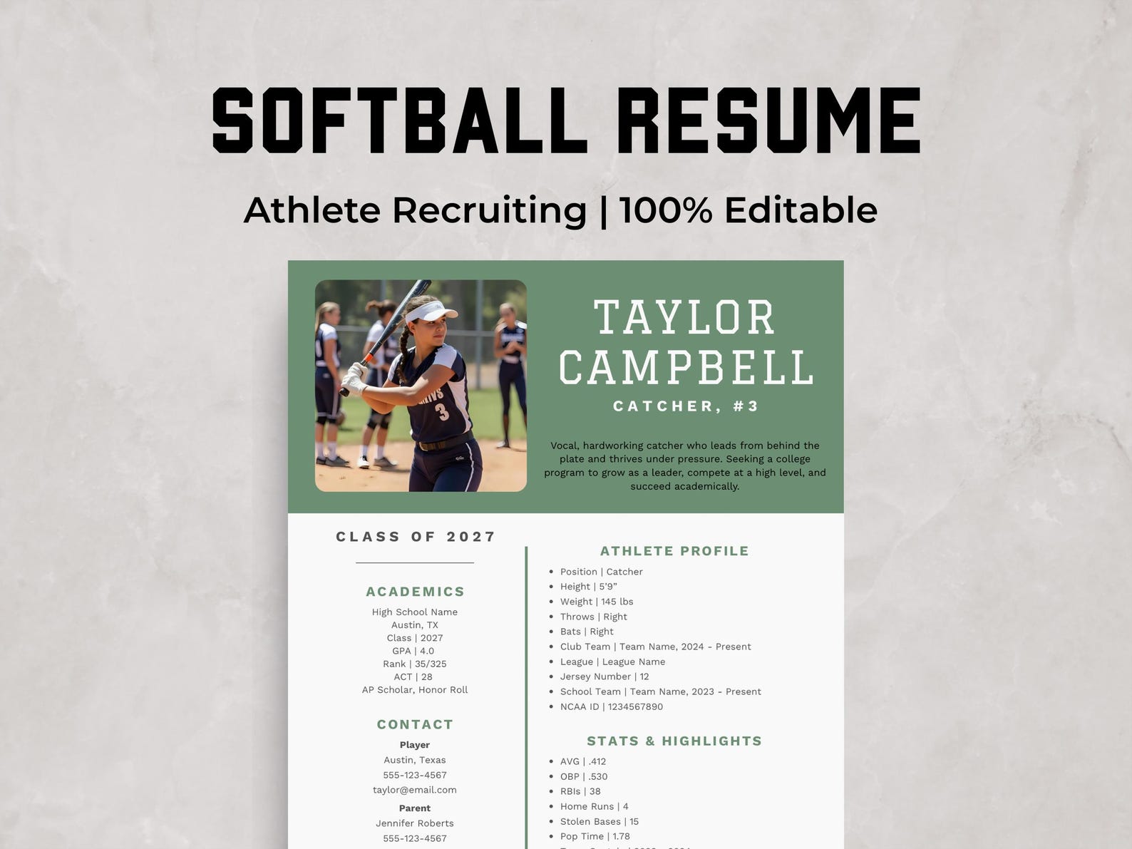 Softball Baseball Resume Template for College Recruiting | Sports ...