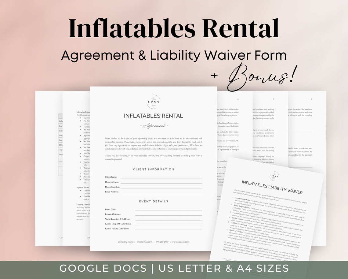 Inflatables Rental Agreement Template & Liability Waiver Form Bounce ...