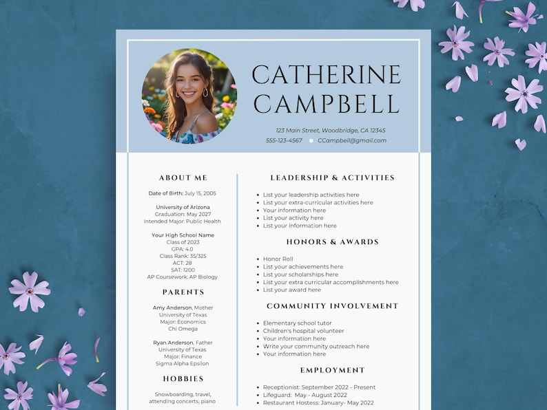 Sorority Resume Template With Photo, Editable Blue Rush Resume Template ...
