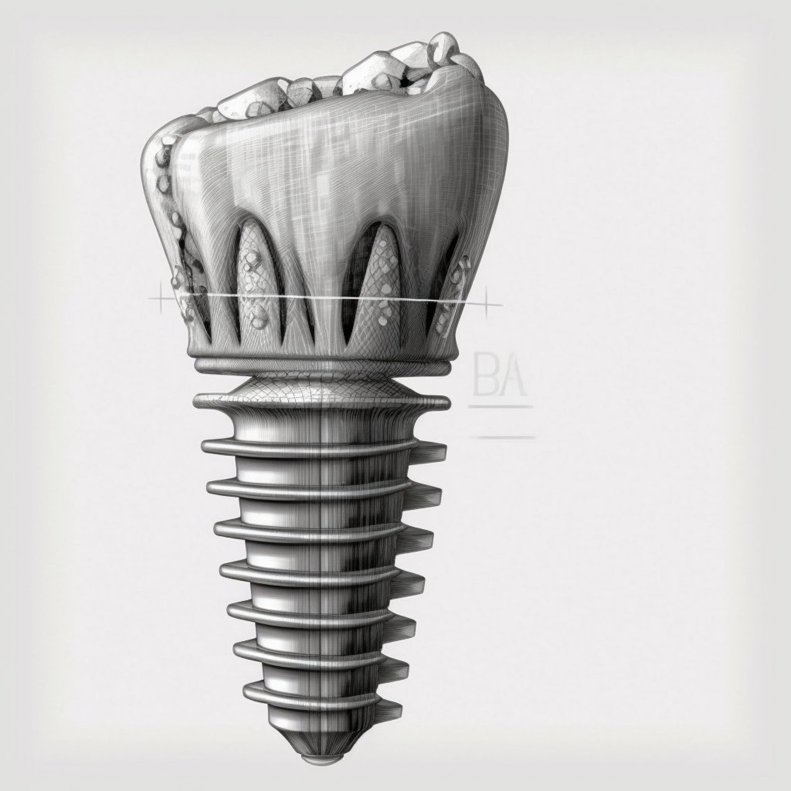 Dental Implant Greyscale Sketch With Metallic Crown on Gray or Light ...