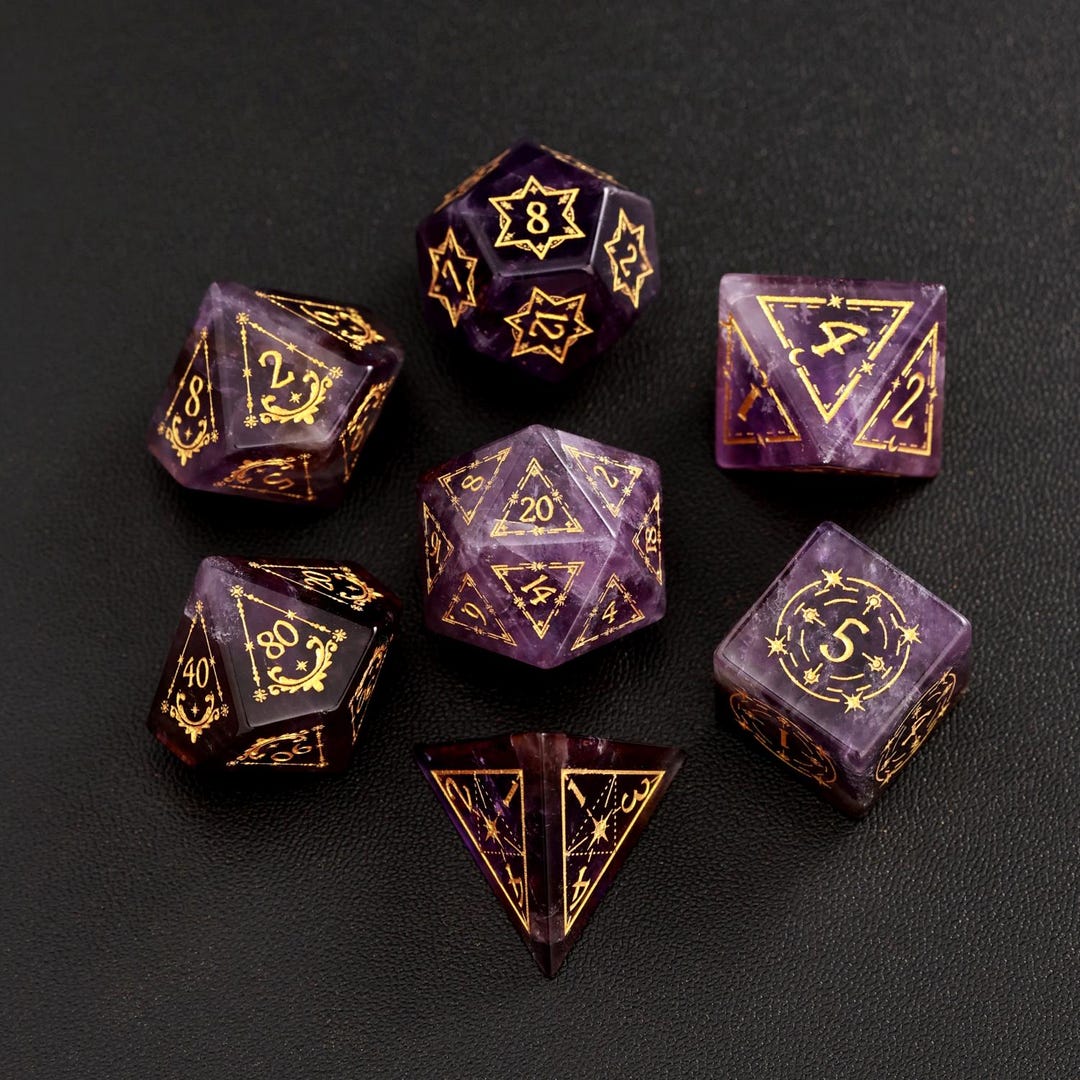 Purple Crystal DND Dice Set – Handmade Engraved/carving Amethyst for ...